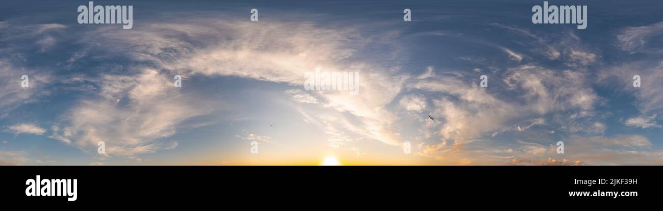 Blue sunset sky panorama with puffy Cumulus clouds. Seamless hdr pano ...