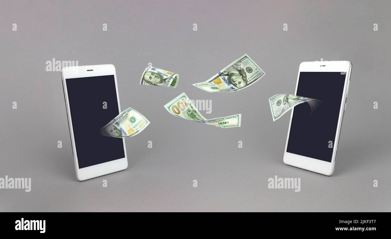 Payment transaction, banknotes moving between mobile phone, money ...