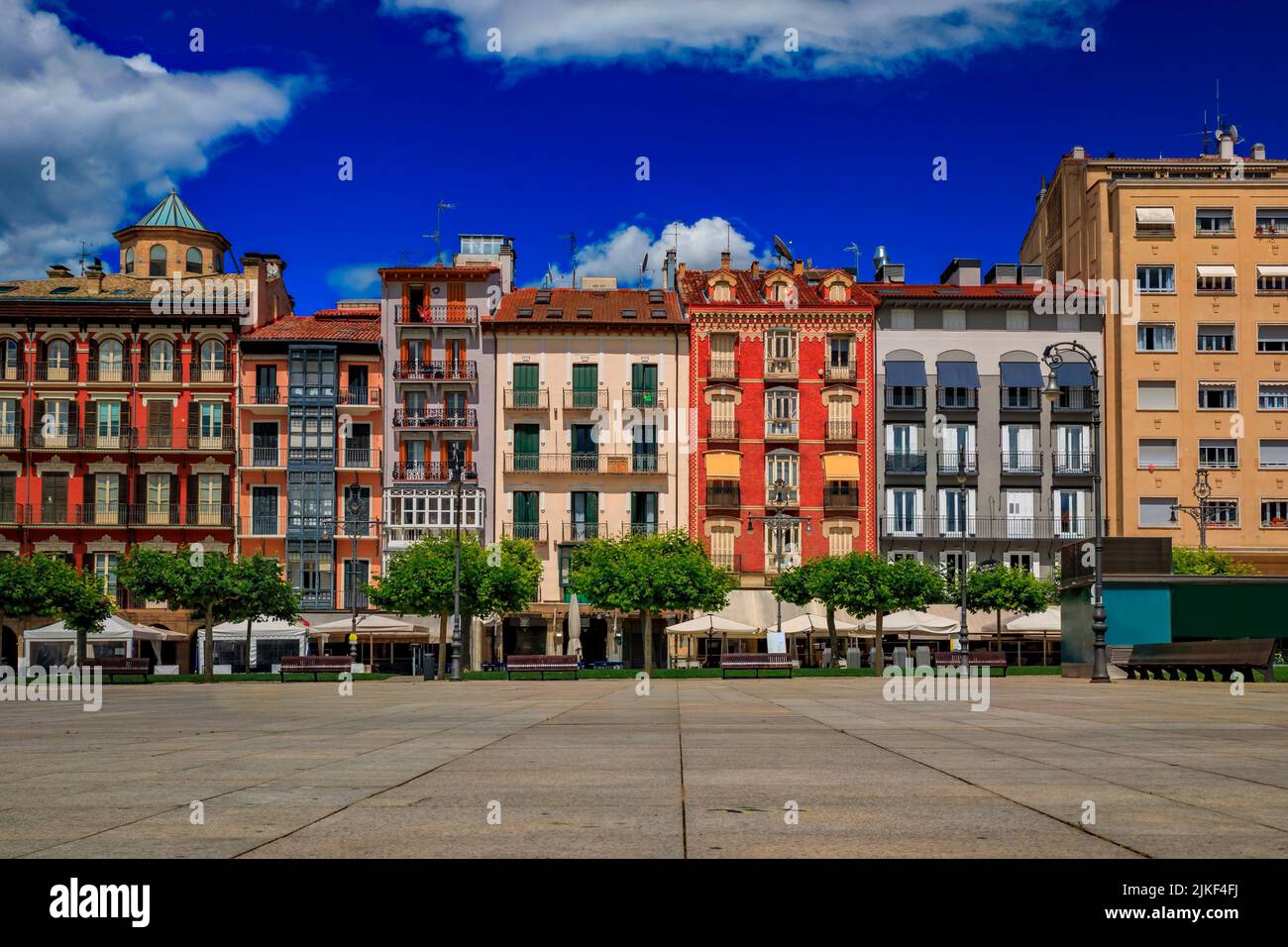 Ornate facades of buildings on Historic Plaza del Castillo with ...