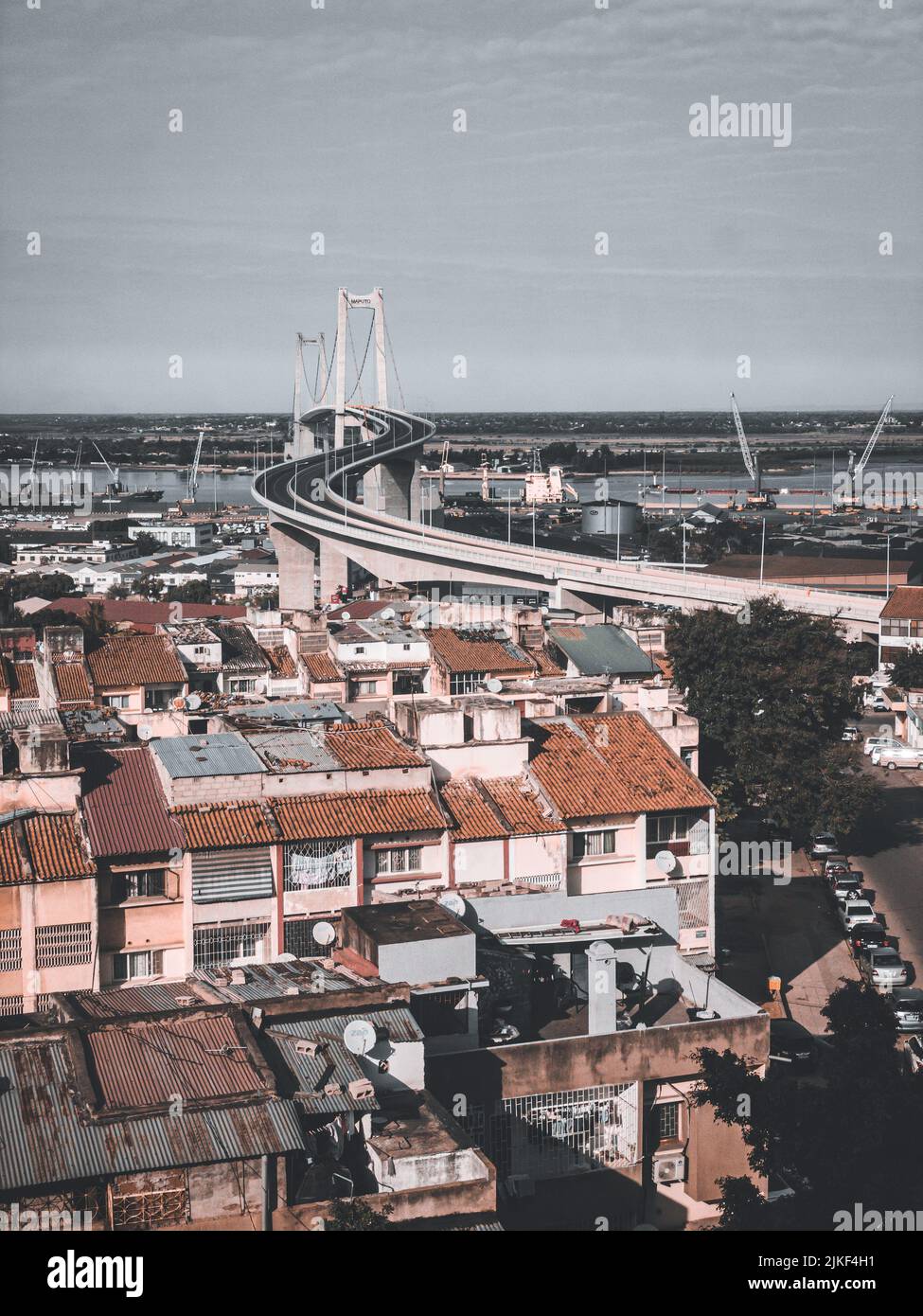 A vertical shot of the Maputo - Katembe suspension bridge crossing ...