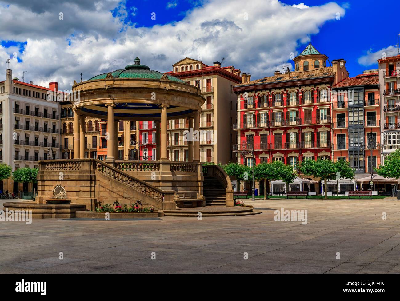 Historic Plaza del Castillo with restaurants and a central domed gazebo ...