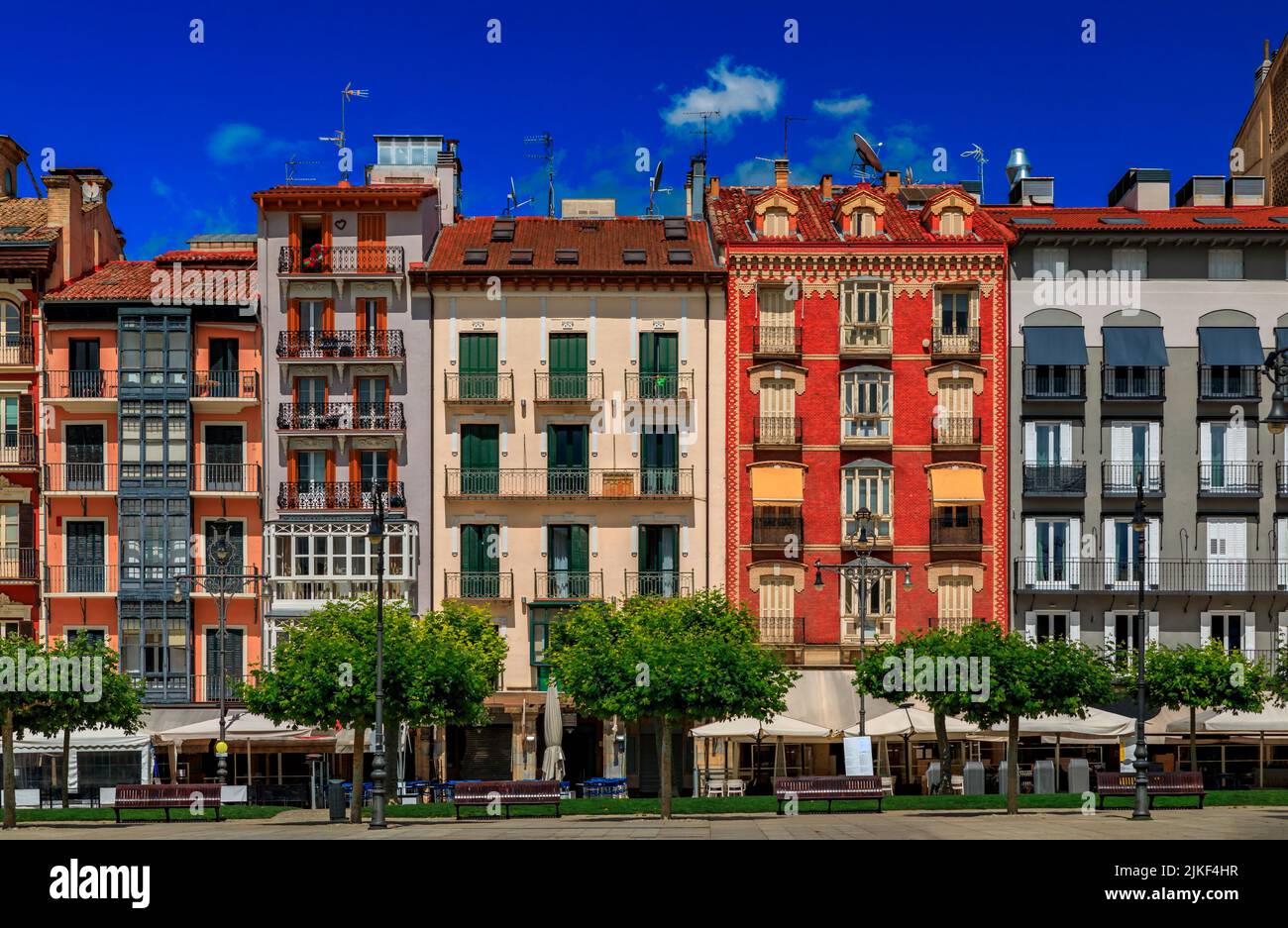 Ornate facades of buildings on Historic Plaza del Castillo with ...