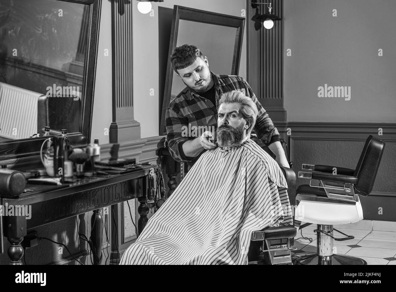 Man client sit chair. Barbershop services. As gentleman and decent ...