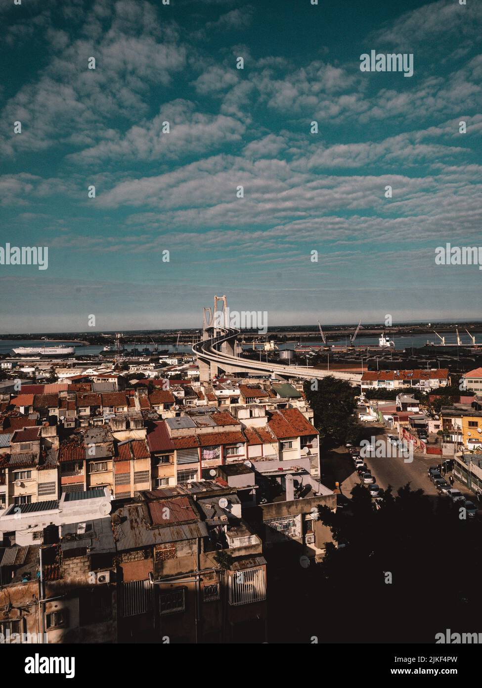 A vertical shot of the Maputo - Katembe suspension bridge crossing ...