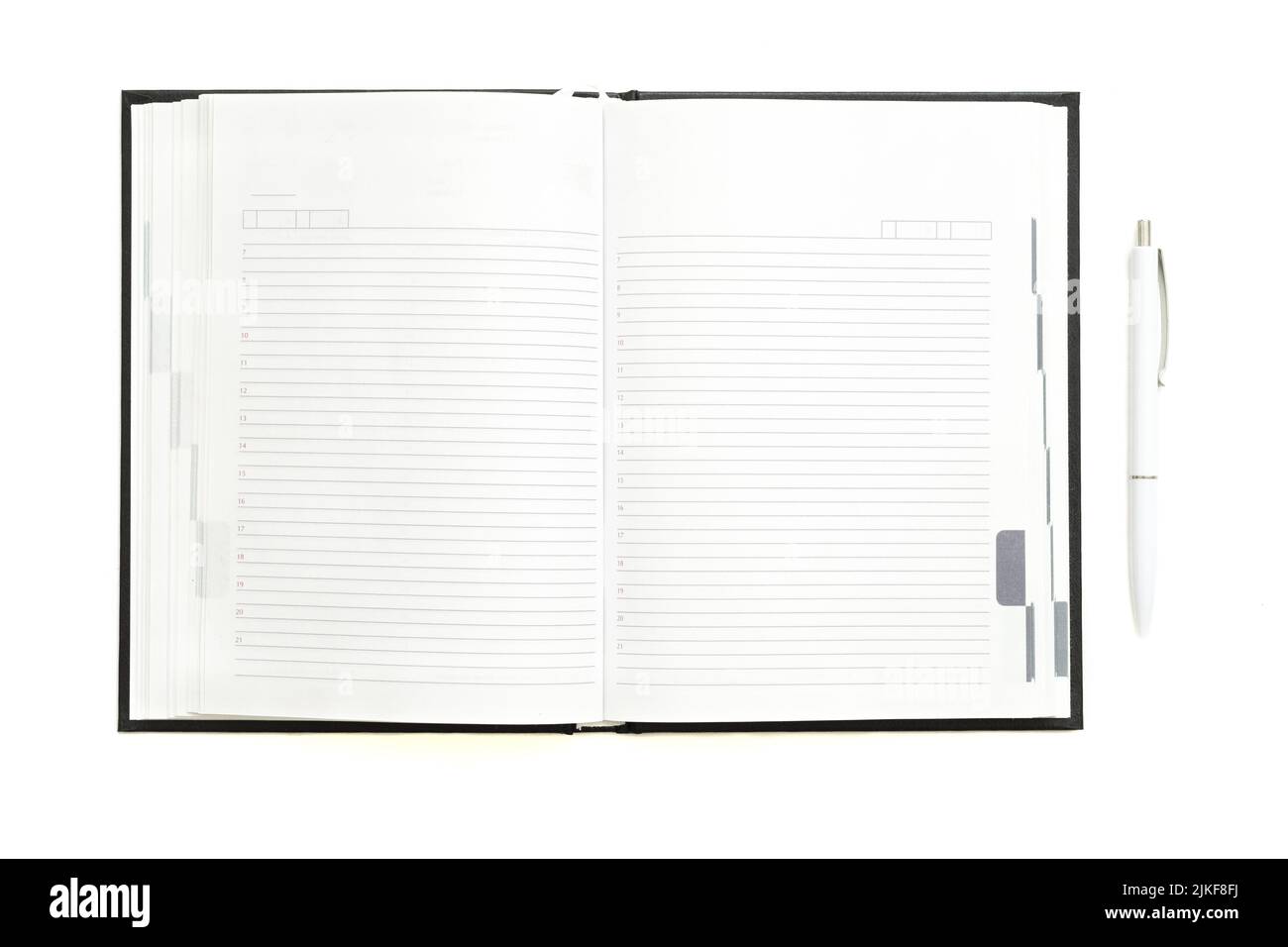 project management note pad pen white background Stock Photo - Alamy