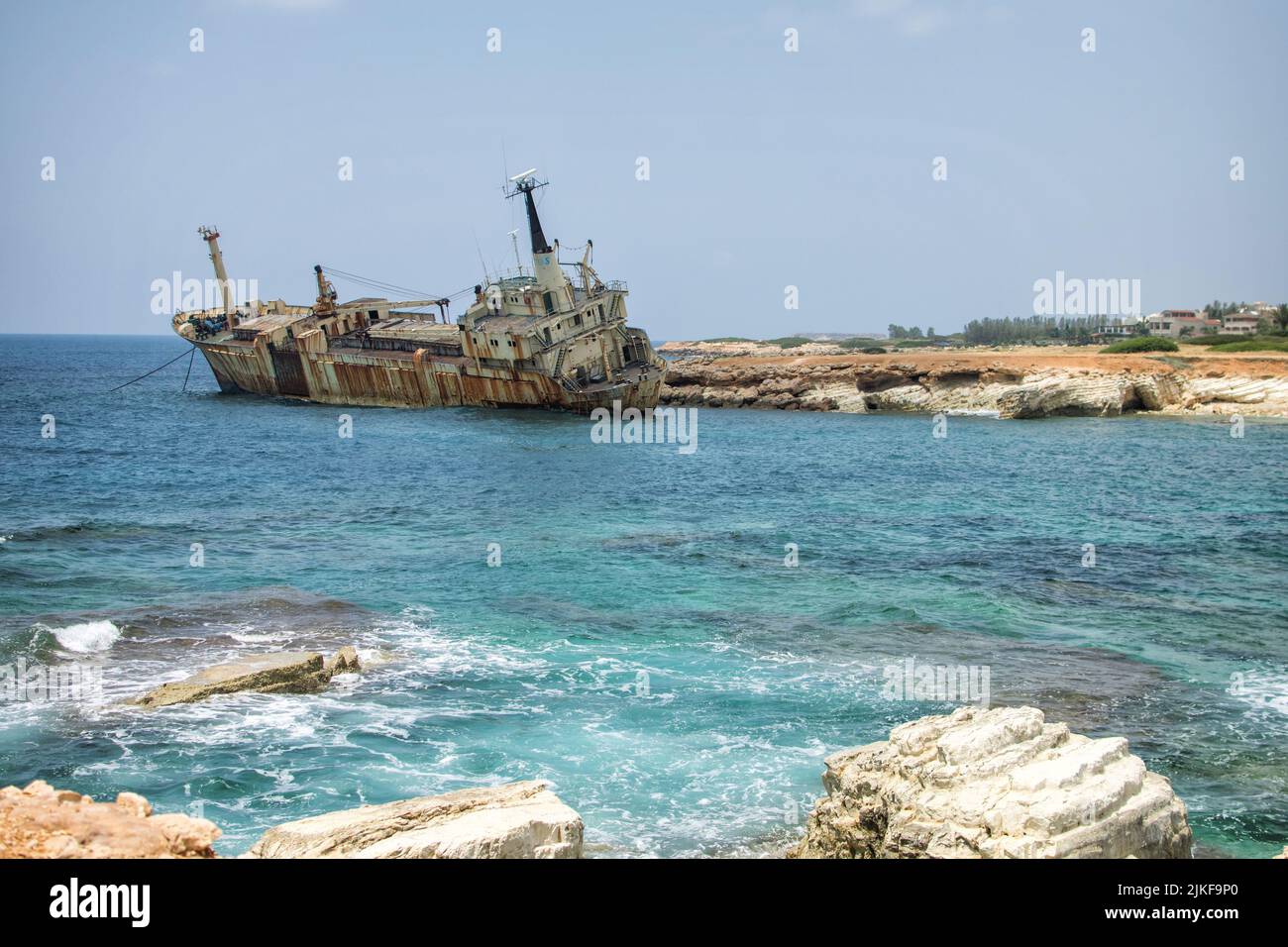 Paphos. Shipwreck. The ship crashed on the coastal rocks at the shore ...