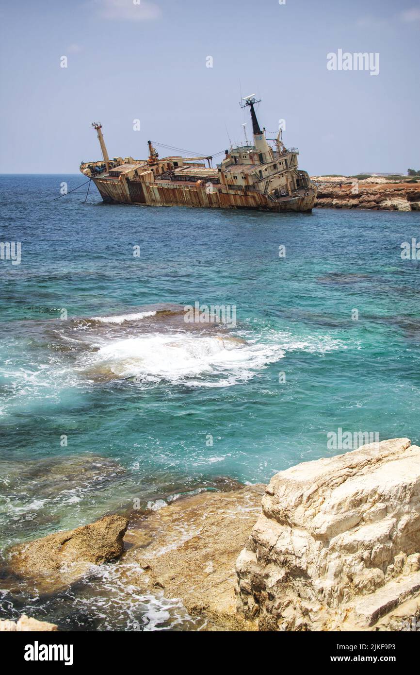 Paphos. Shipwreck. The ship crashed on the coastal rocks at the shore ...