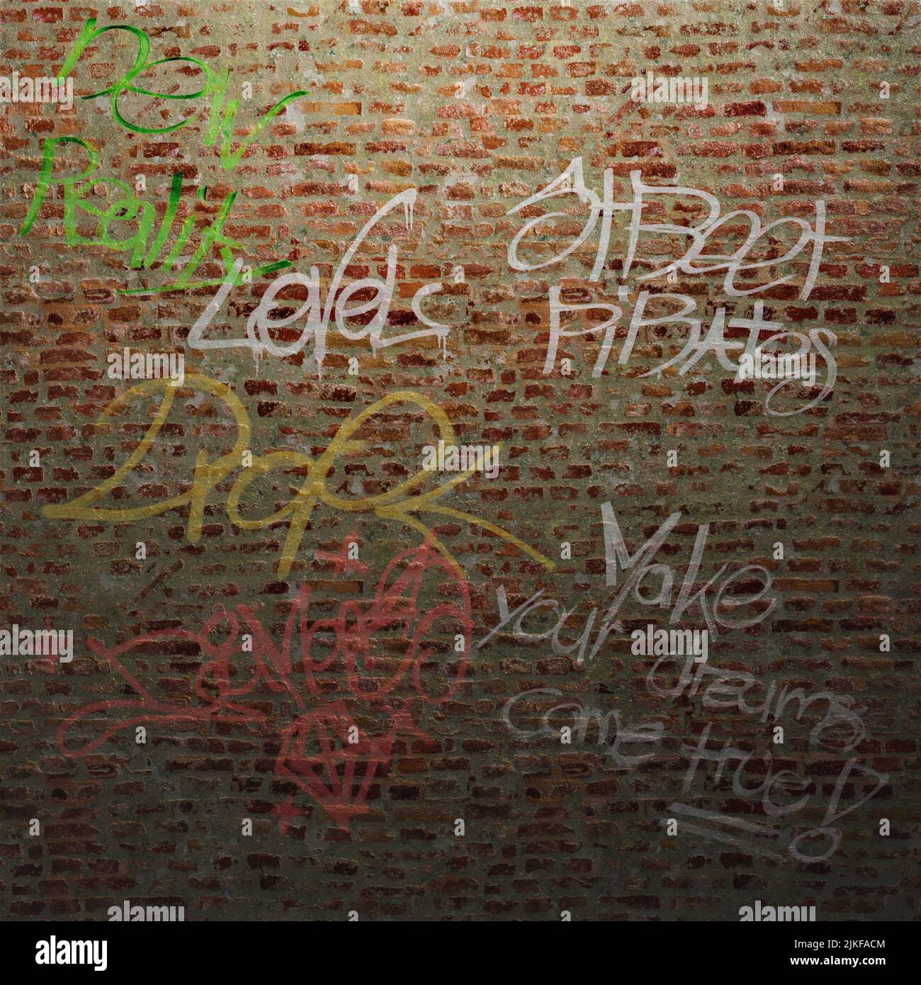 The view of colorful street graffiti texts on a brick-built wall Stock ...