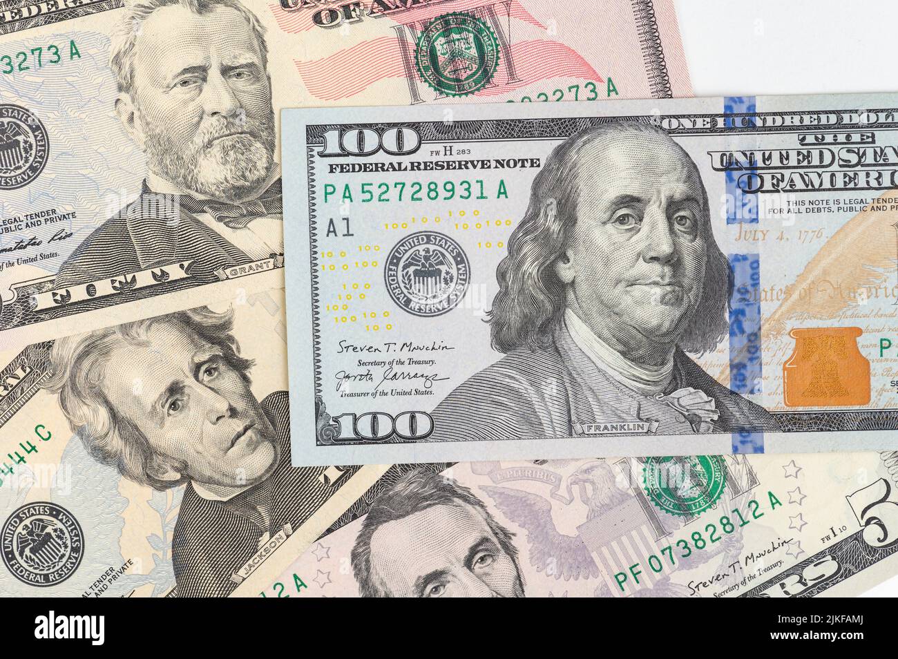 5, 20, 50, 100 dollars banknotes at different angles. Close up of ...