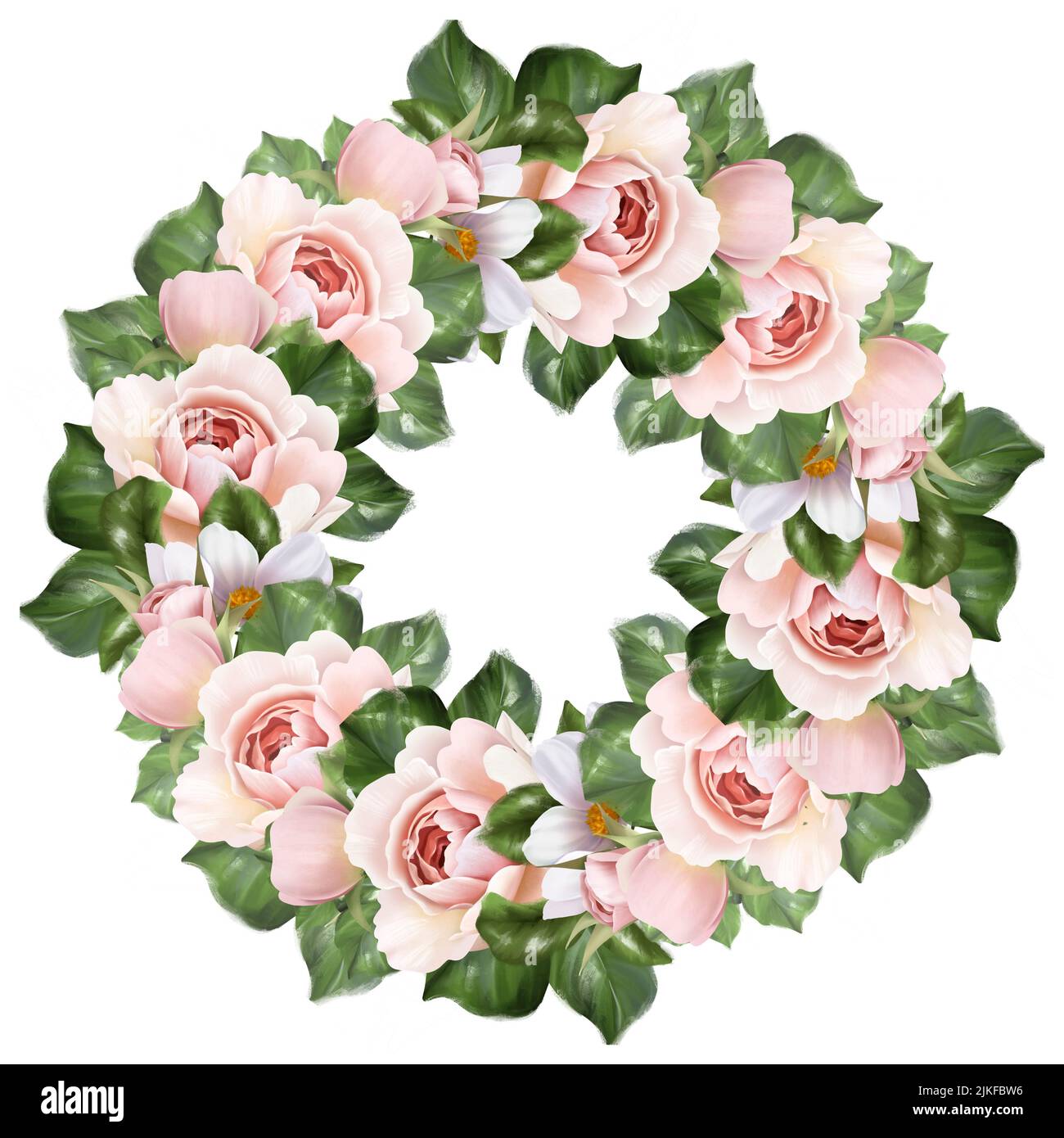 Golden round wreath with white roses. Floral Wedding card decor Stock ...
