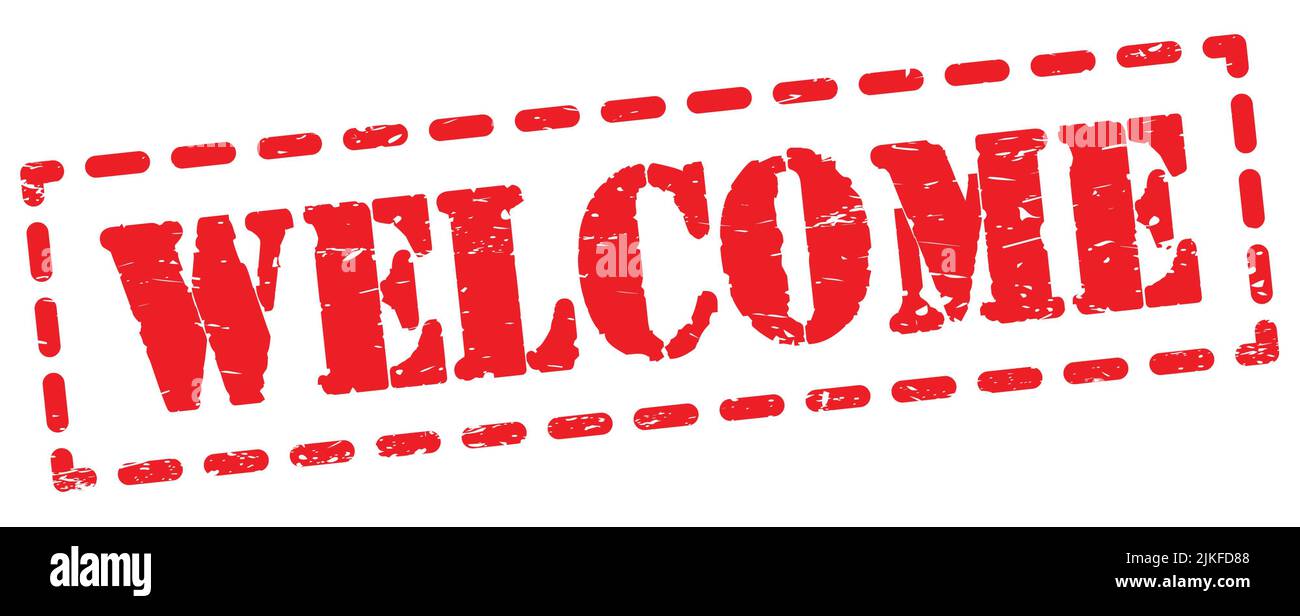 WELCOME text written on red dash stamp sign Stock Photo - Alamy