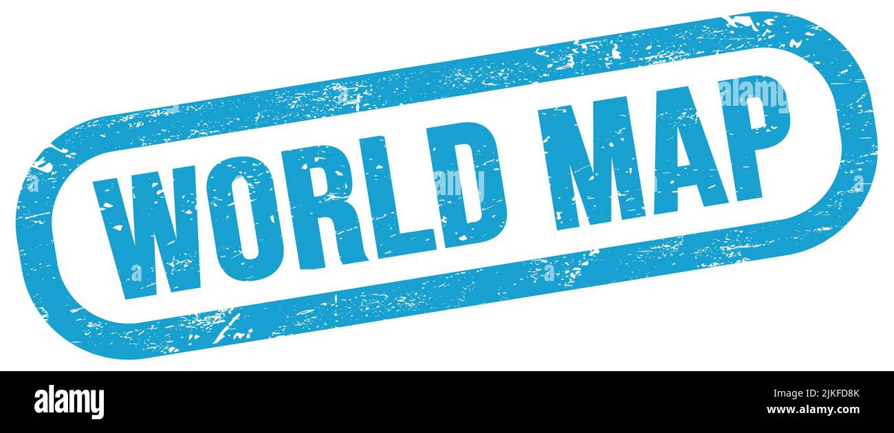 WORLD MAP, text on blue rectangle stamp sign Stock Photo - Alamy