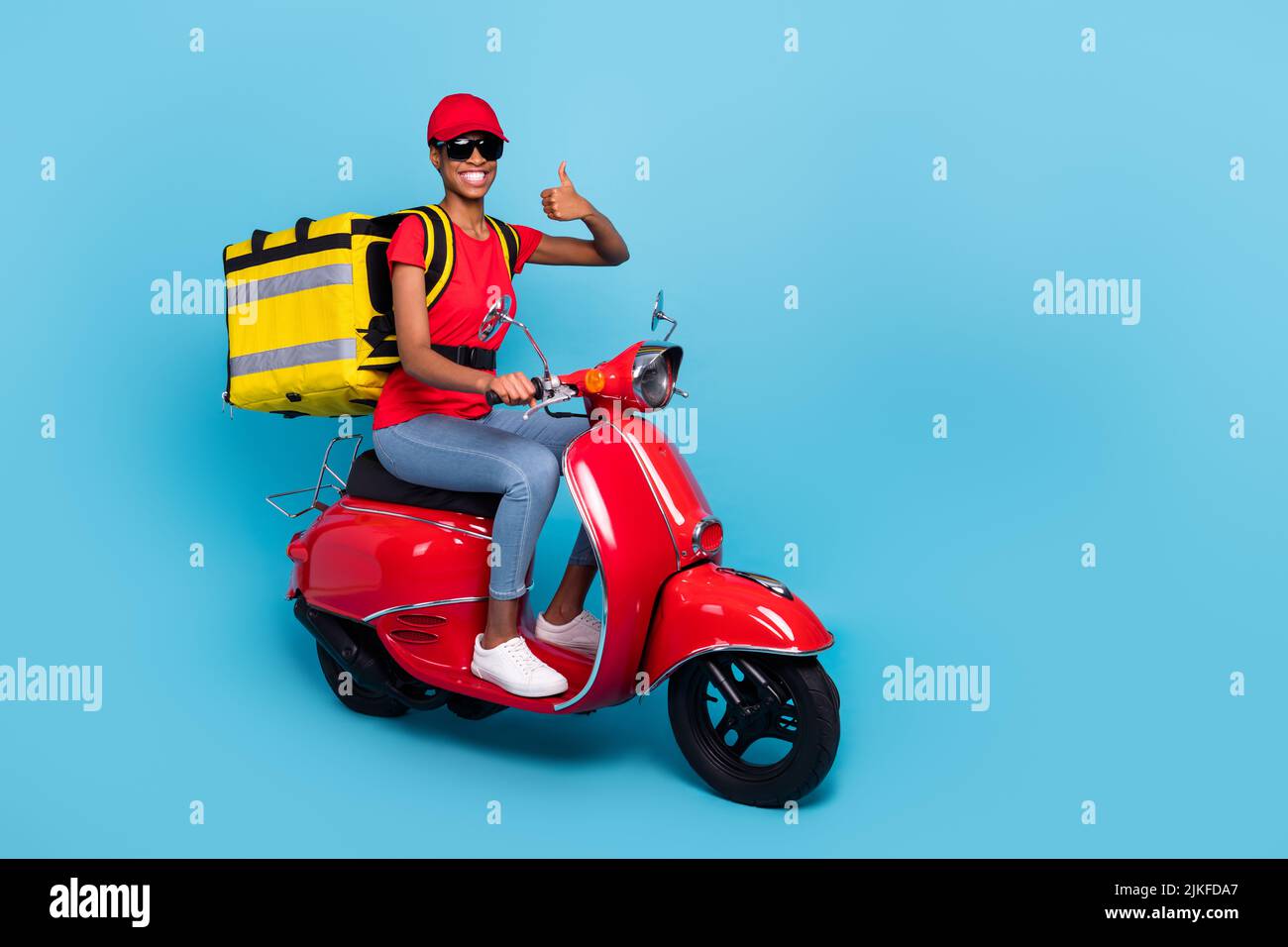 Full size photo of positive person ride moped show thumb up advice ...