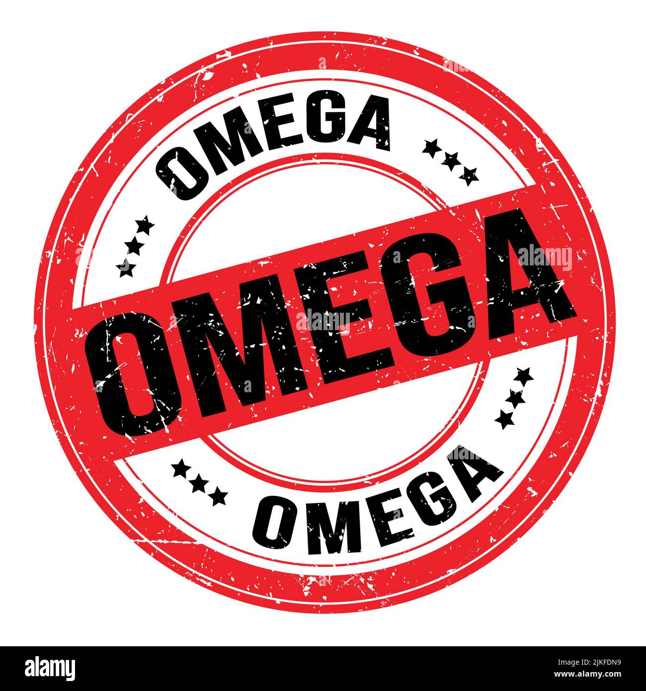 OMEGA text written on red-black round grungy stamp sign Stock Photo - Alamy