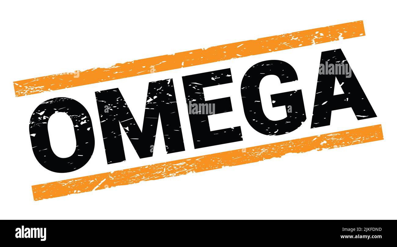 OMEGA text written on orange rectangle stamp sign Stock Photo - Alamy