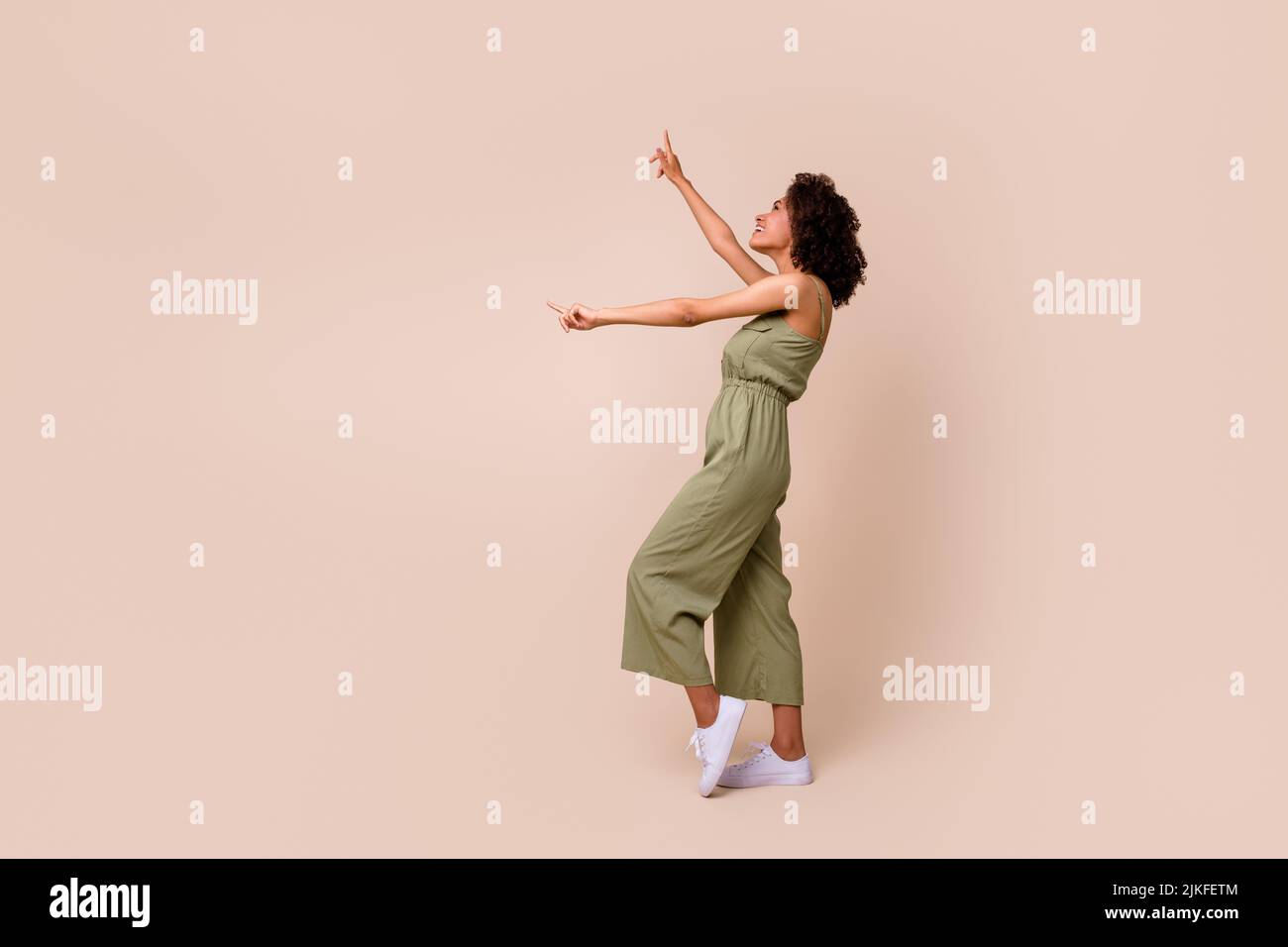 Full body photo of lovely young girl curly hair dancing star enjoy ...