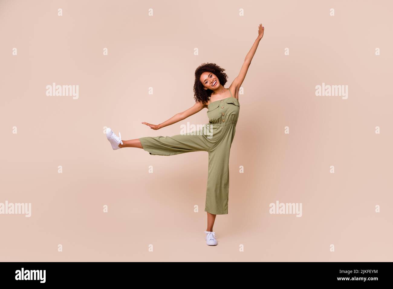 Full body photo of energetic young girl curly hair dancing concert ...