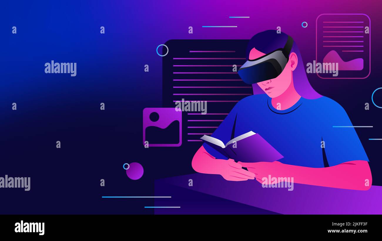 Studying in Metaverse. Girl Reading in Virtual Reality. Vector ...