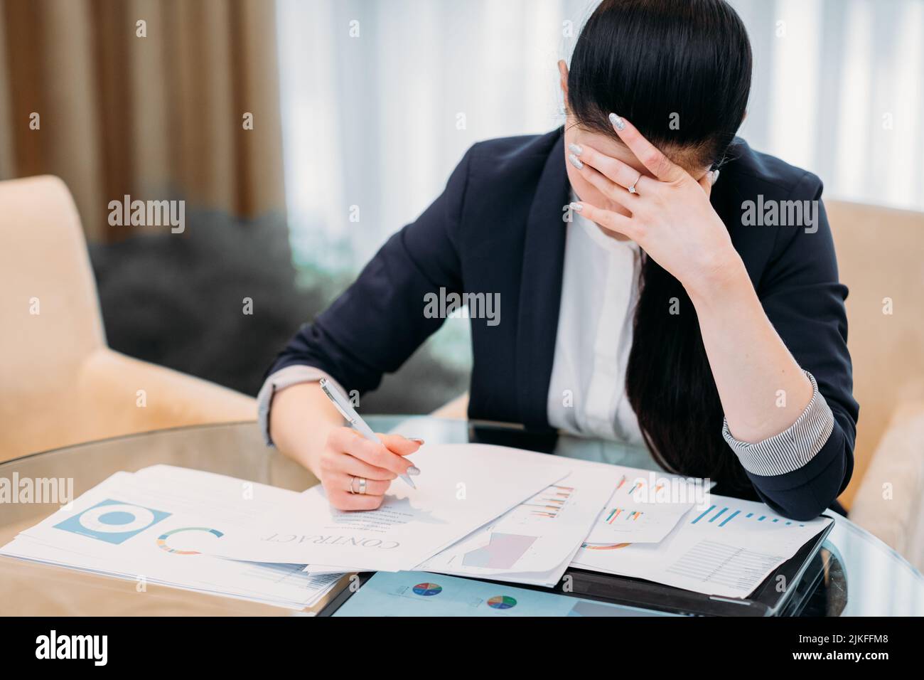 stressed business lady paperwork office documents Stock Photo - Alamy