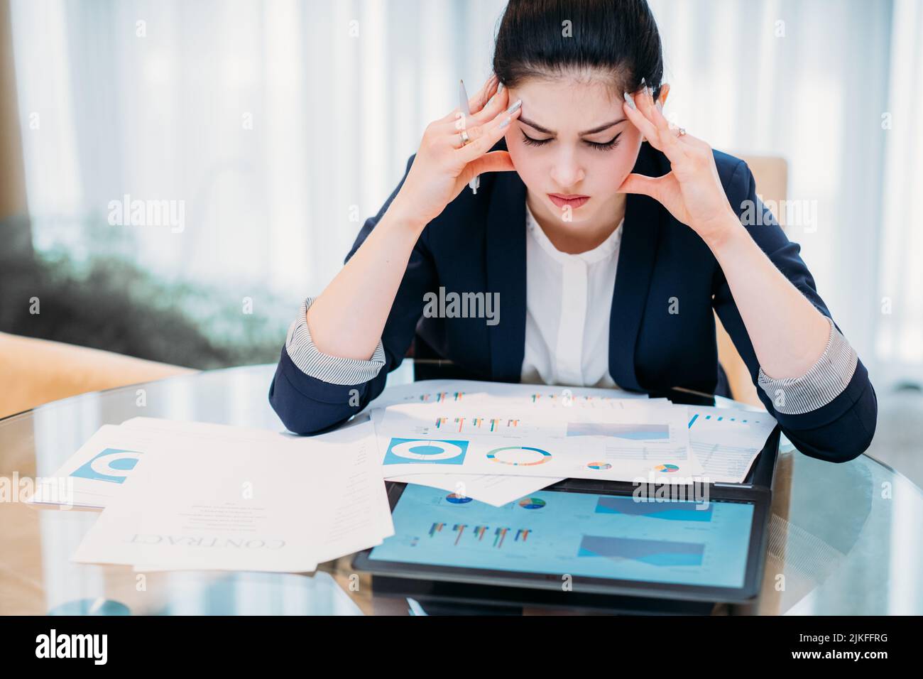headache work overload stress business woman paper Stock Photo - Alamy