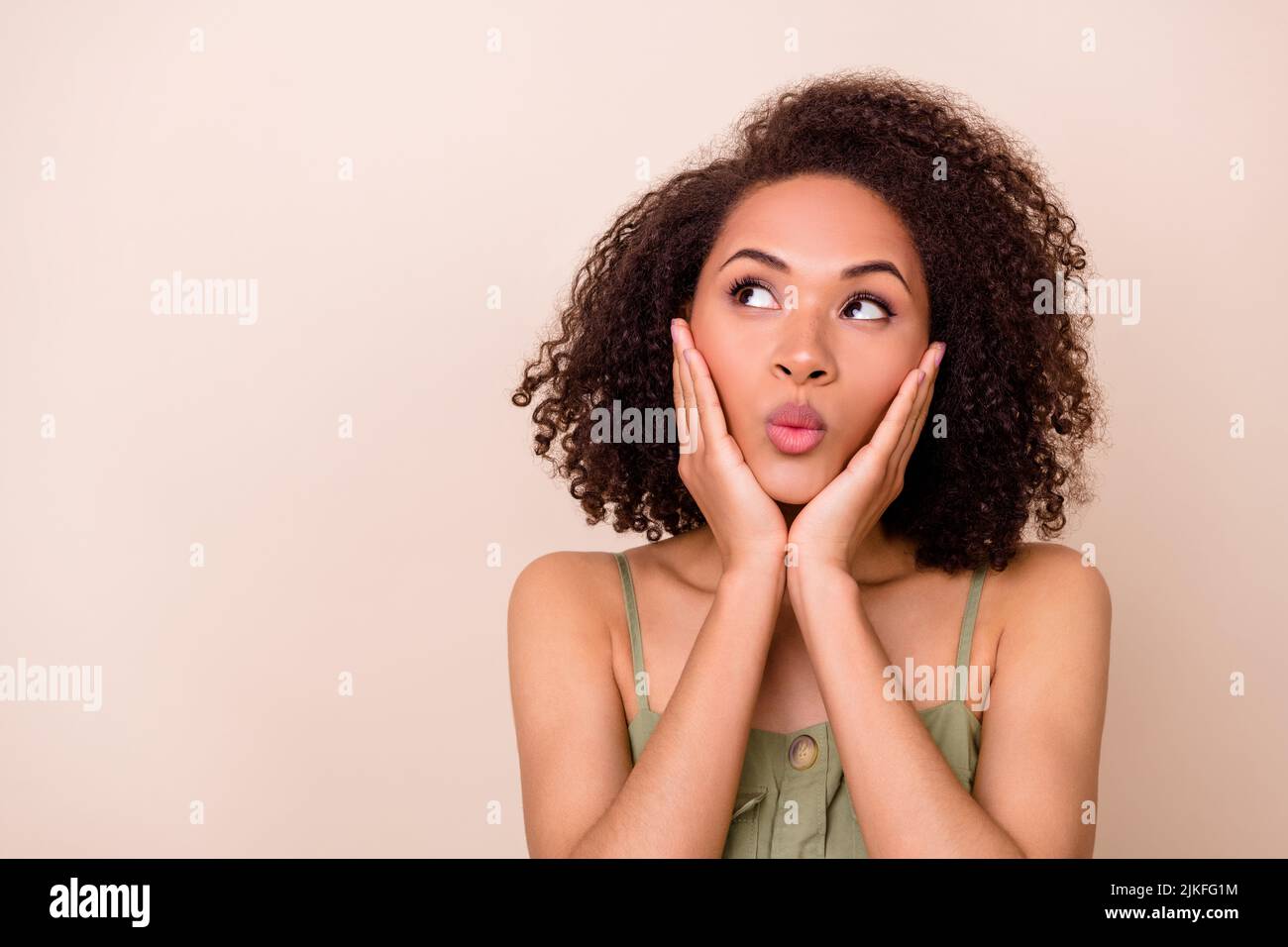 Photo of minded girlish lady tricky plan imagines beauty salon sale arm ...