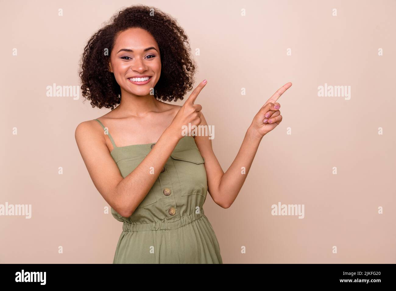 Close up photo of pretty lady satisfied rejoice offer beauty spa salon two arm index empty space ...