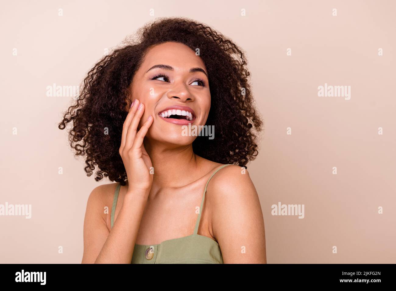 Close up photo of pretty cute lady arm touch cheek enjoy flawless clear ...