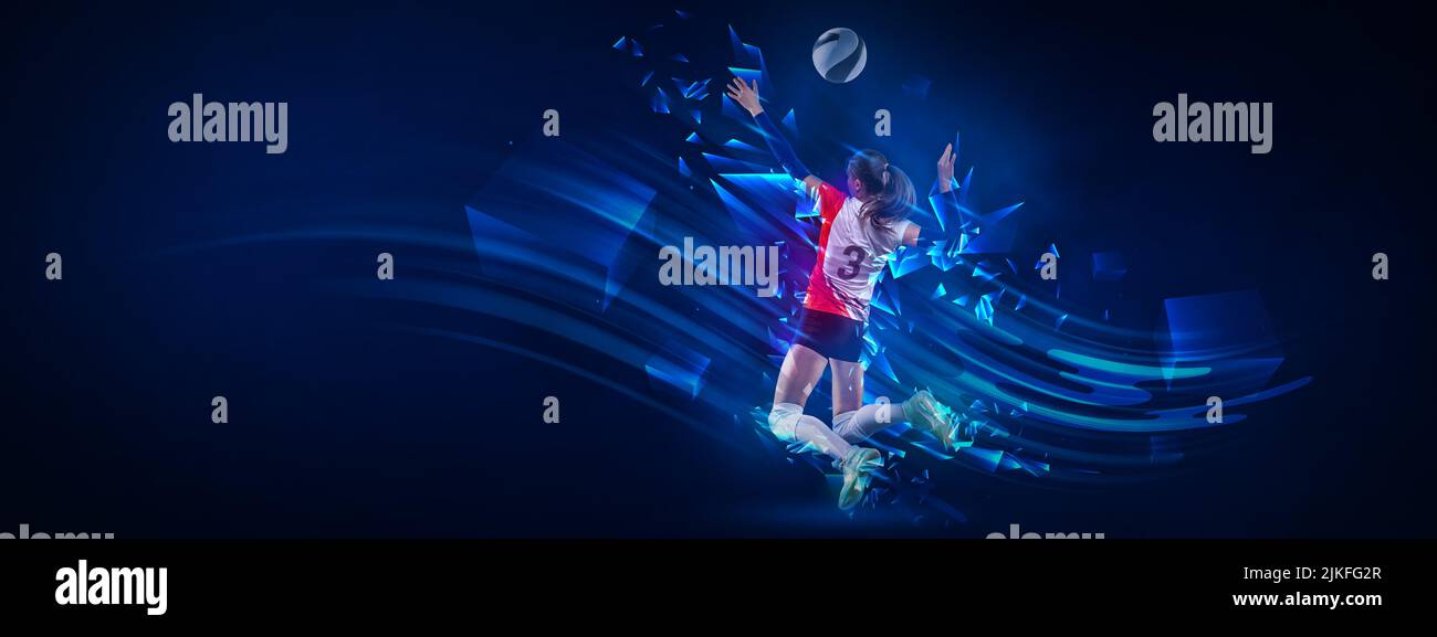 Flyer. Creative artwork with female volleyball player in motion with ...