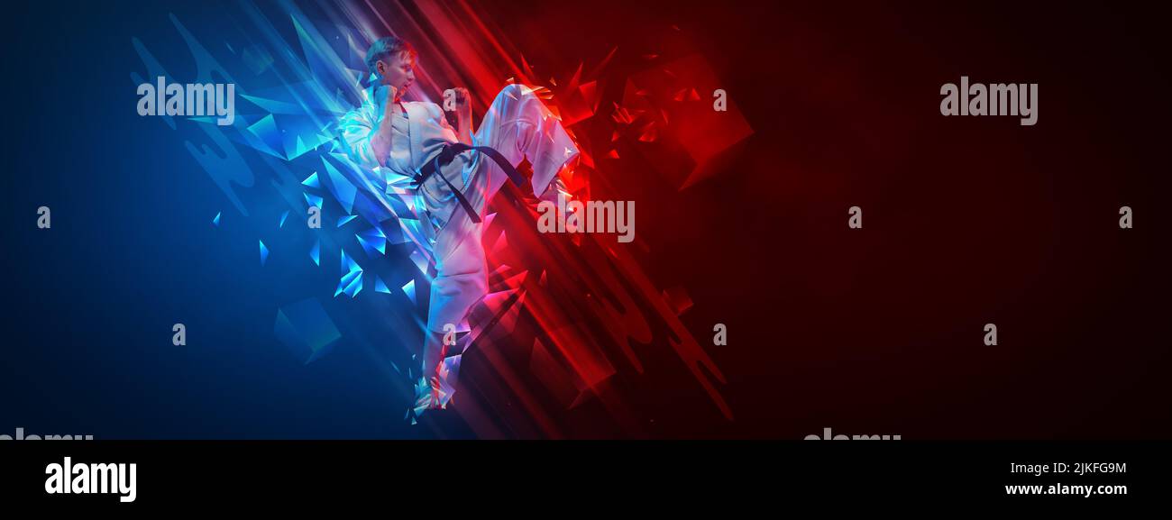 Collage with active young man, karate fighter in white kimono in action ...