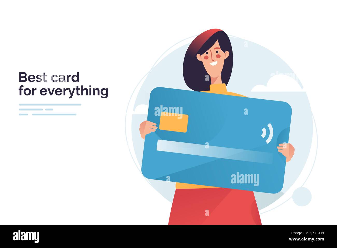 Vector illustration depicting a woman holding debit or credit payment ...