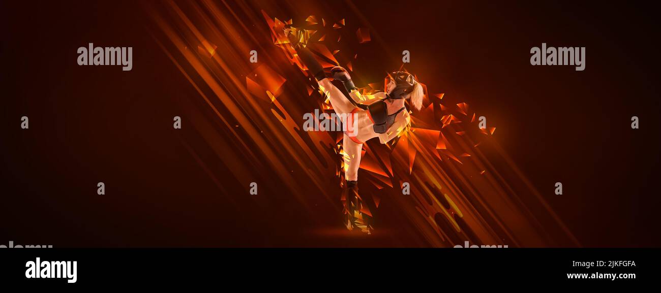 Bright collage with young woman, female professional kickboxer in ...