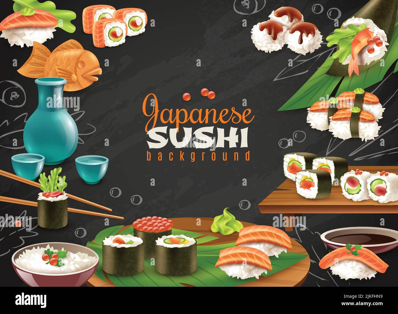 Black chalkboard background with various kinds of sushi maki sake and ...
