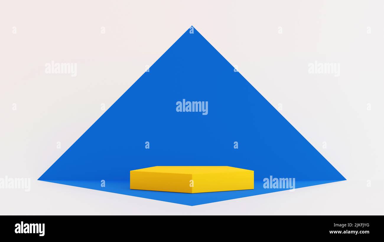 Yellow Pentagon podium with blue pyramid shape perspective wall and ...