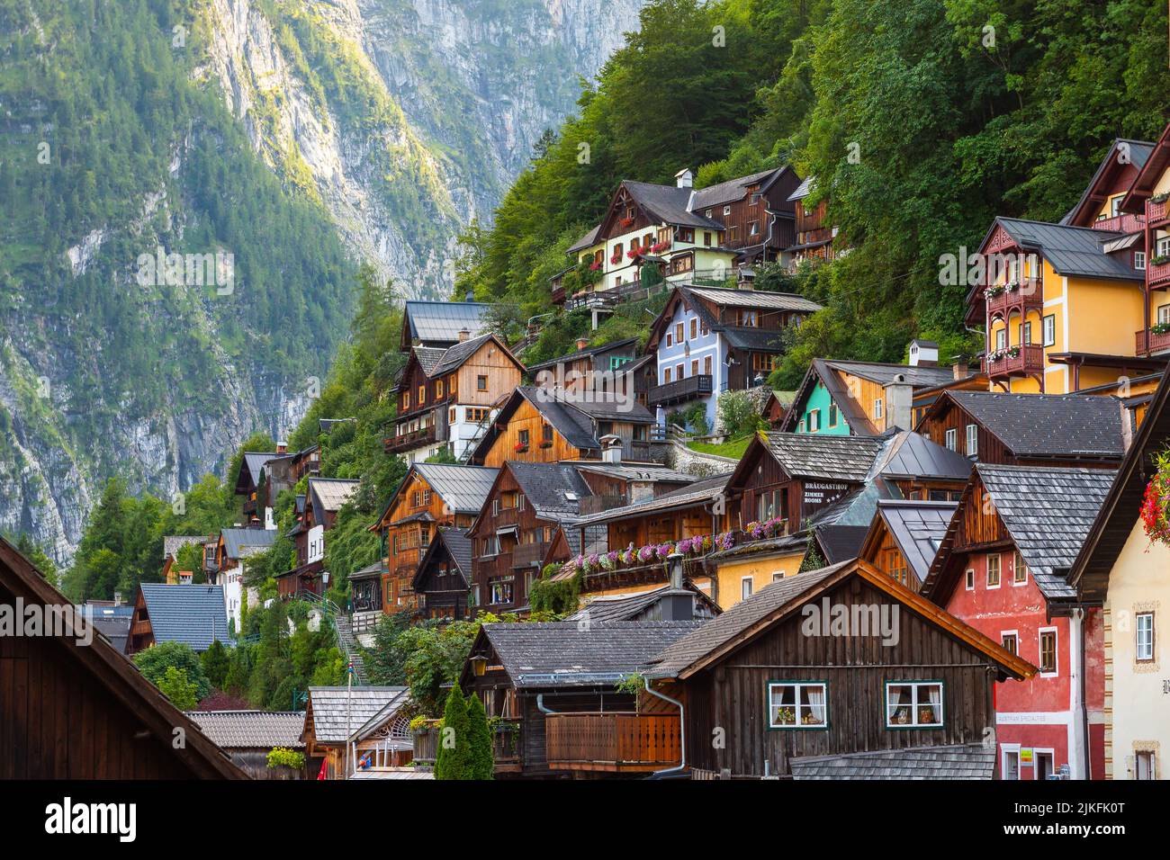 Cozy cottages on the mountainside in Hallstatt Austria Stock Photo - Alamy