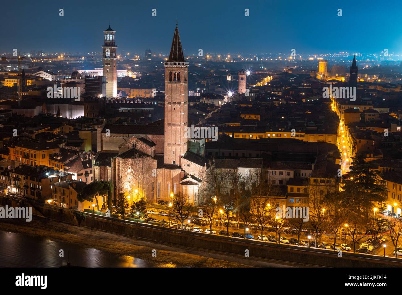 Verona at night panorama, view of Cappella Pellegrini and Duomo di ...
