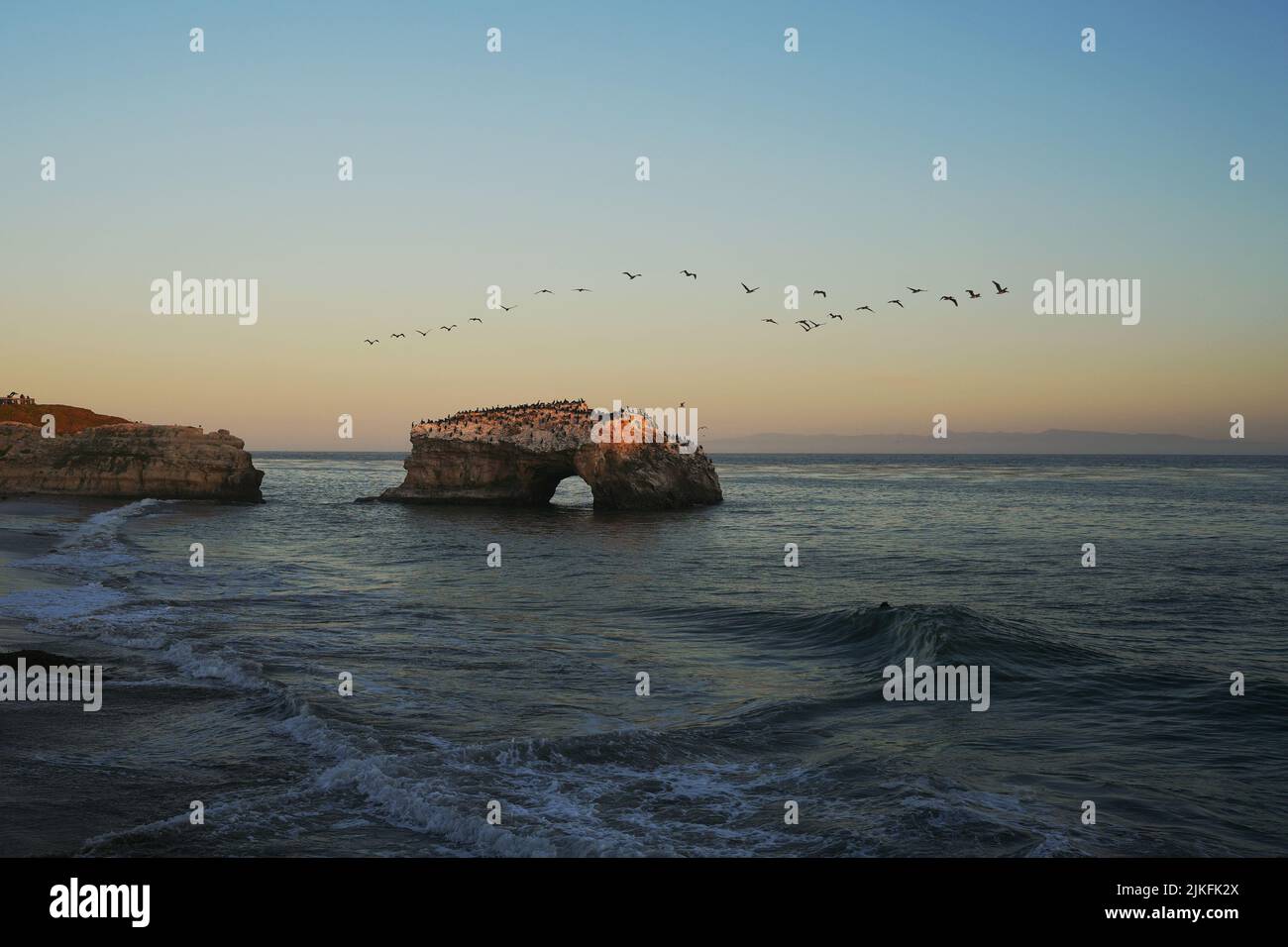 A flock of birds flying over rock arch in the sea at sunrise Stock ...