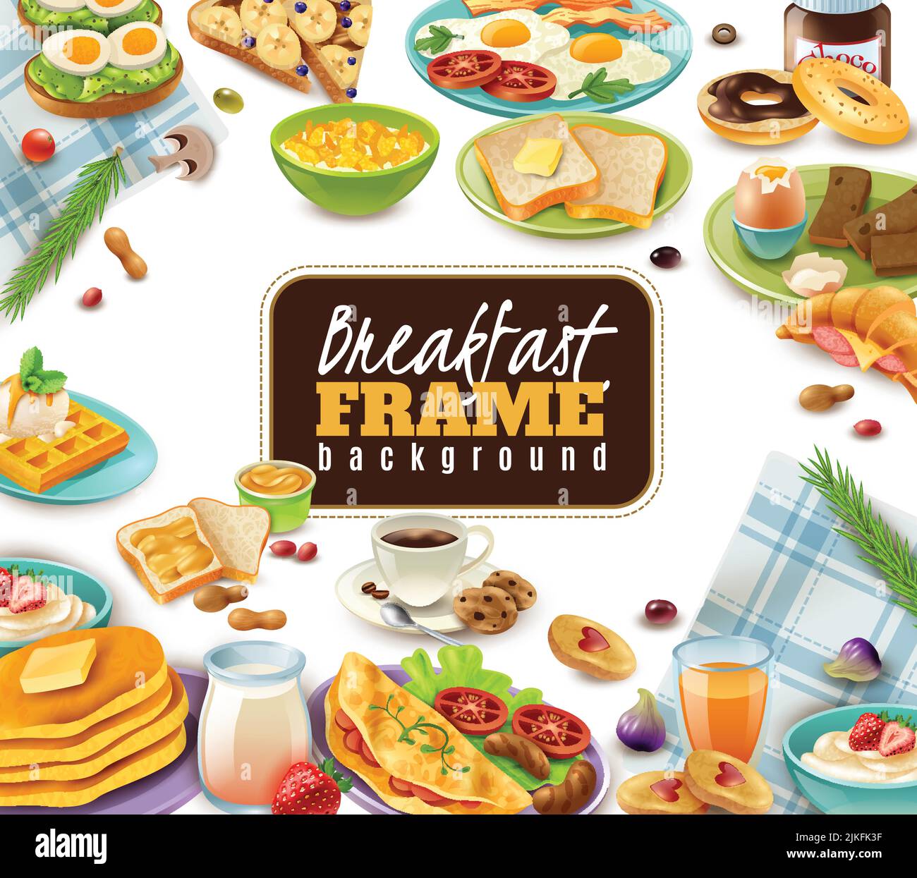 Breakfast frame with coffee juice sandwiches and sweet dishes tableware ...
