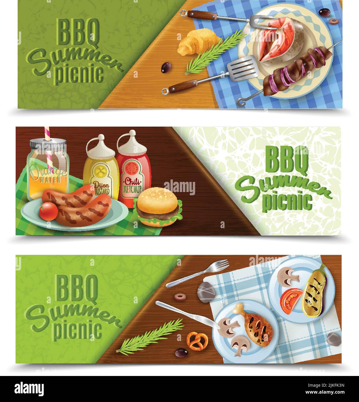 Bbq summer picnic horizontal banners set with grilled meat and fish ...