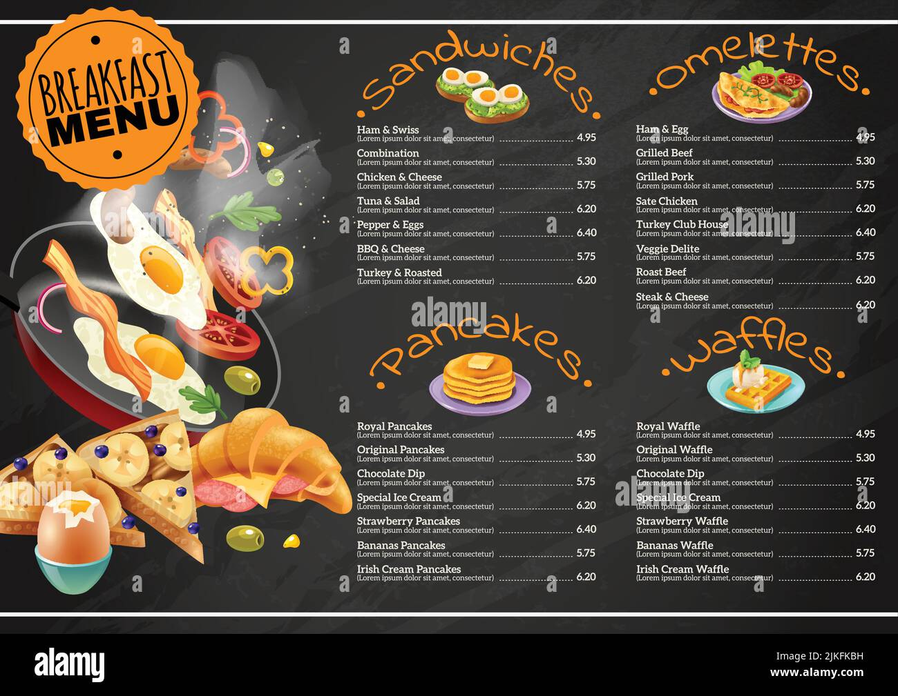 Breakfast menu on black chalkboard including omelettes sandwiches with ...