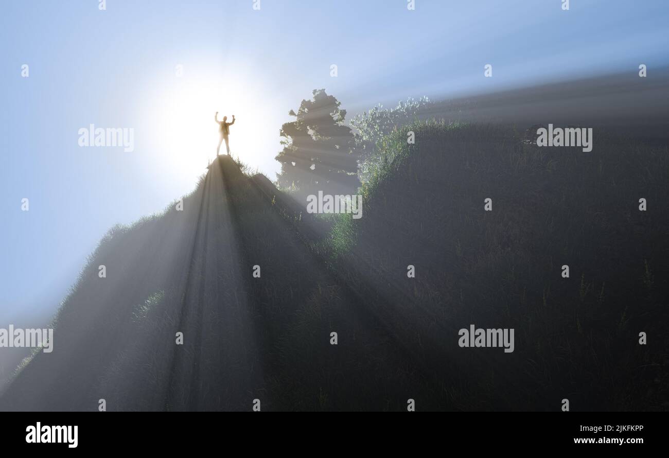 Businessman success - cheers success with raised hands standing on top ...