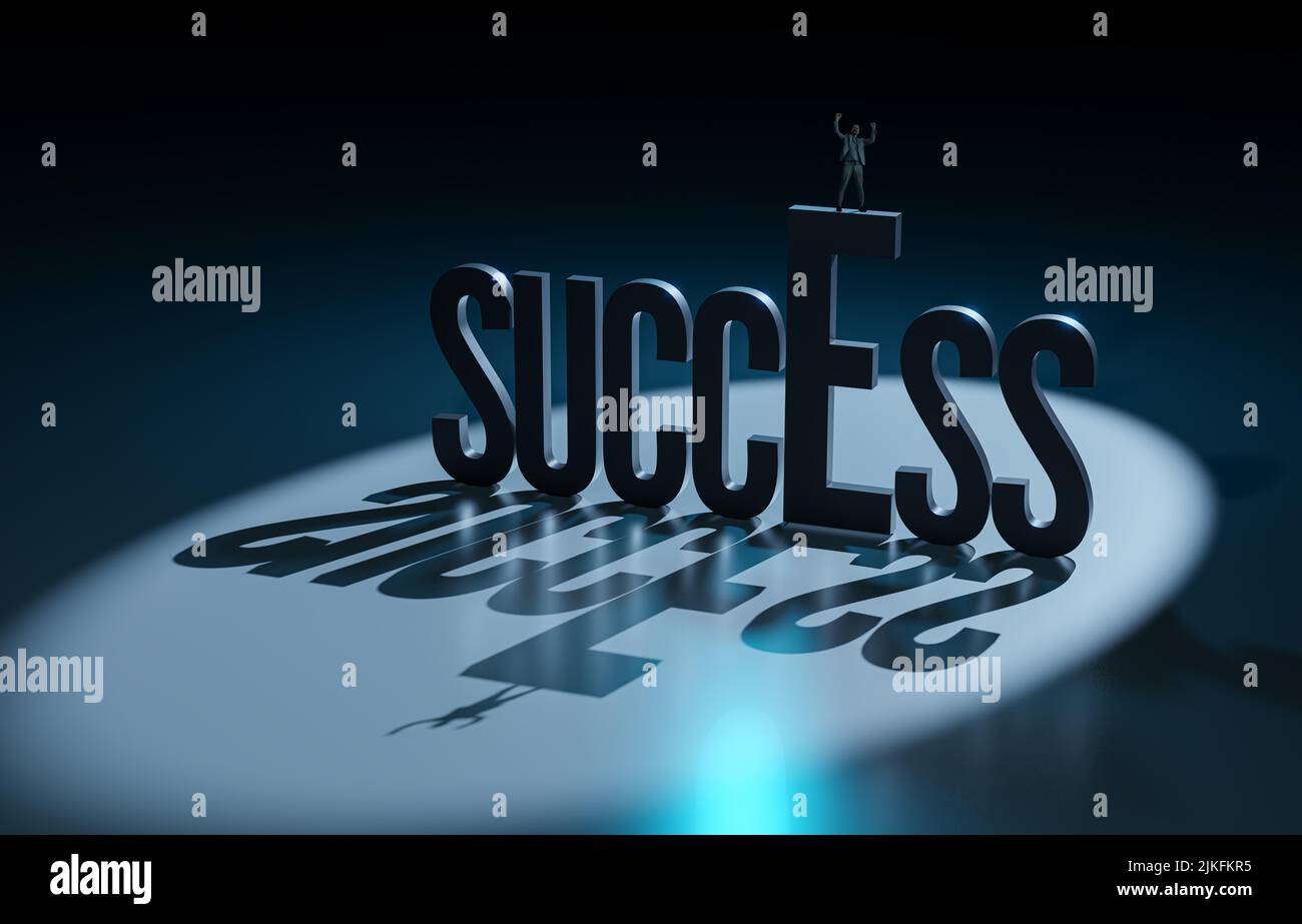 Businessman success - cheers success with raised hands standing on big ...