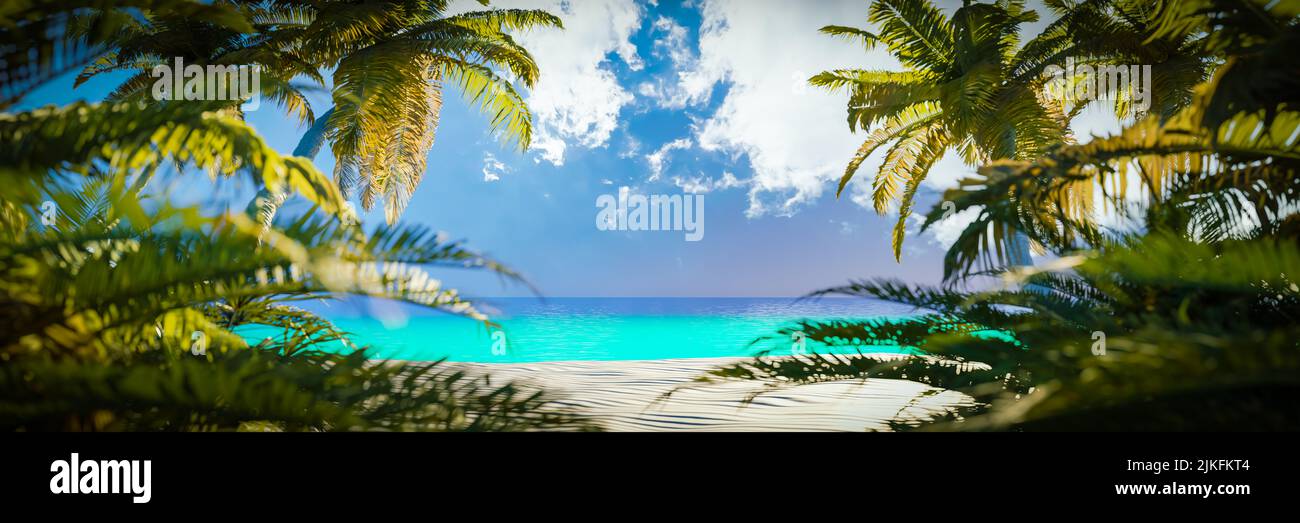 Tropical beach panorama with palm trees - holiday template - 3d render ...