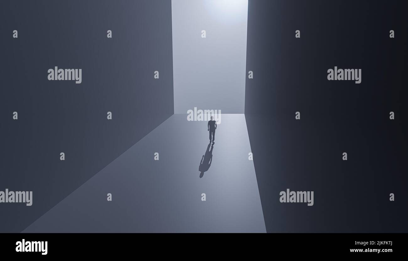 Go into the light concept. A man goes into the light from the heaven ...