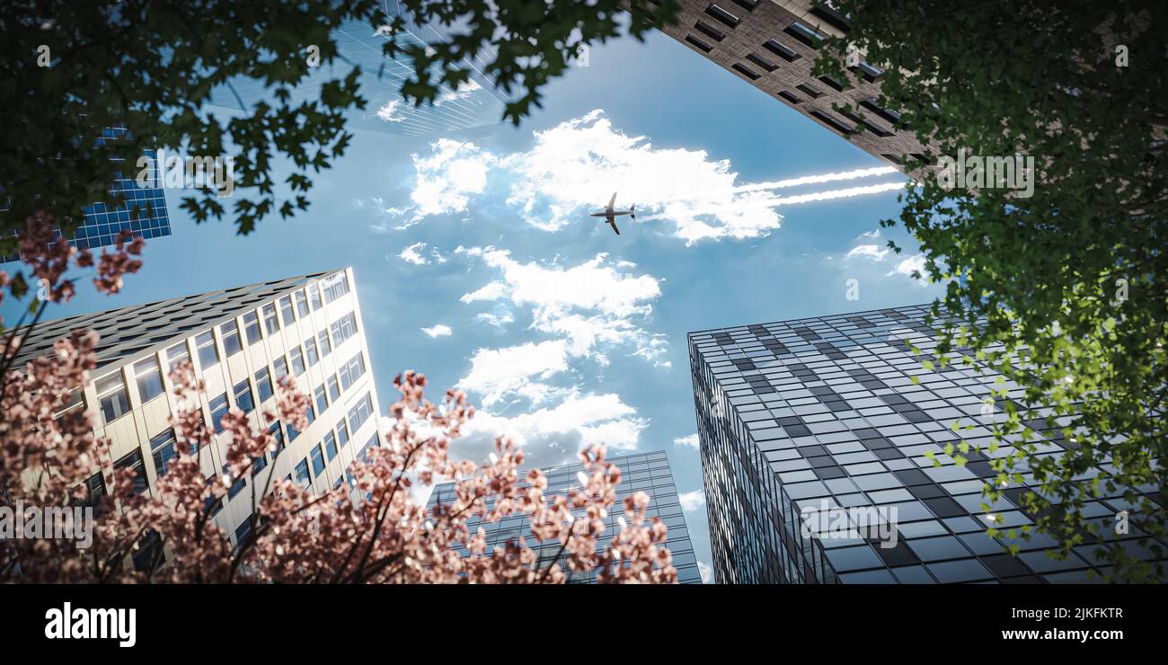 Passenger plane flies between office buildings - 3d render Stock Photo ...