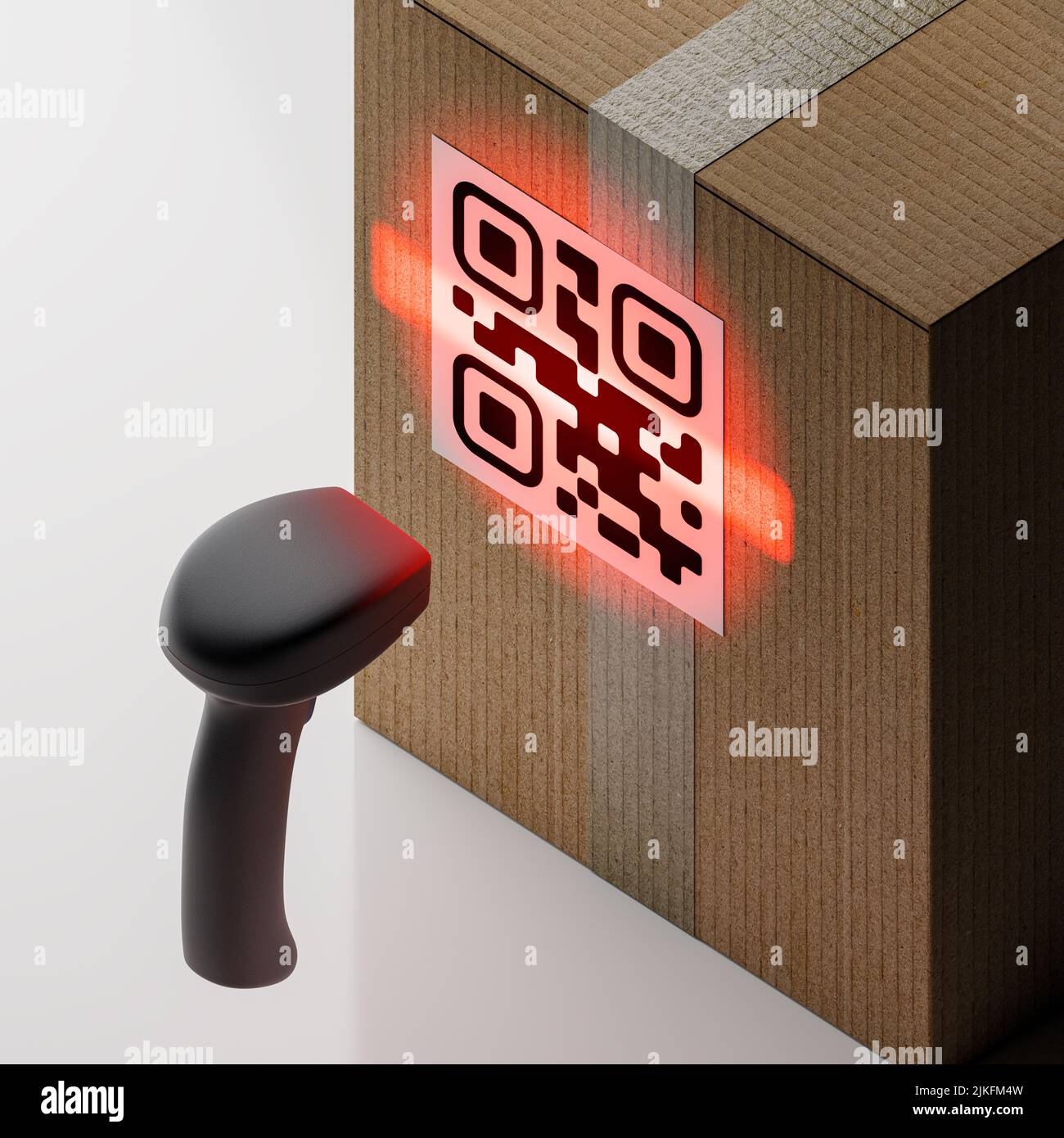 Scanning qr code from the box with a scanner - 3d render isolated on ...