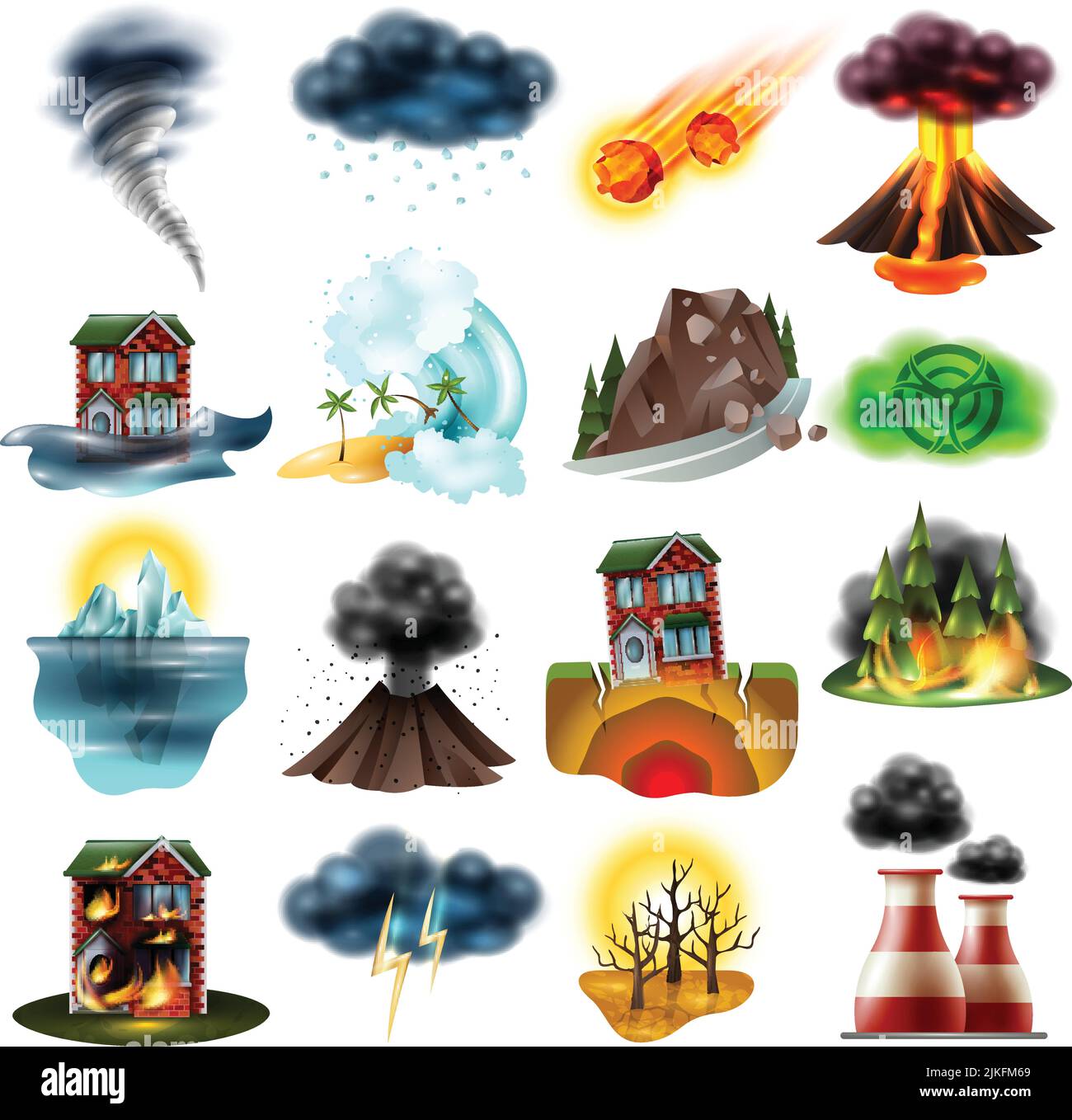 Set of natural disasters including flood earthquake drought wildfire ...