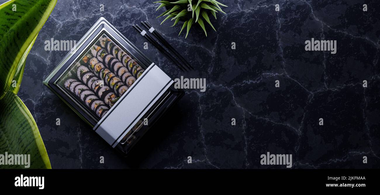 Sushi catering box label template - 3d illustration Stock Photo - Alamy