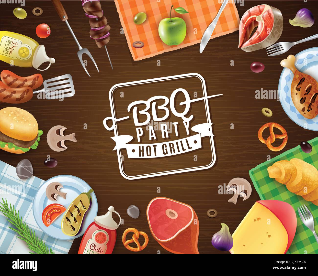 Bbq party frame with emblem meat vegetables fruits sauces pastry and ...