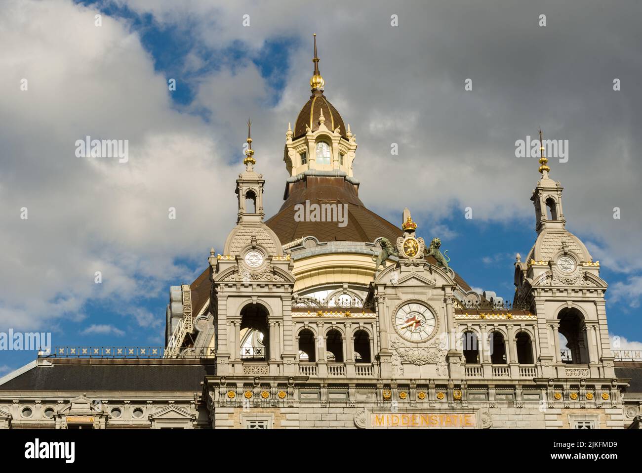 The stone terminus building, of Antwerp Central Railway Station with an ...