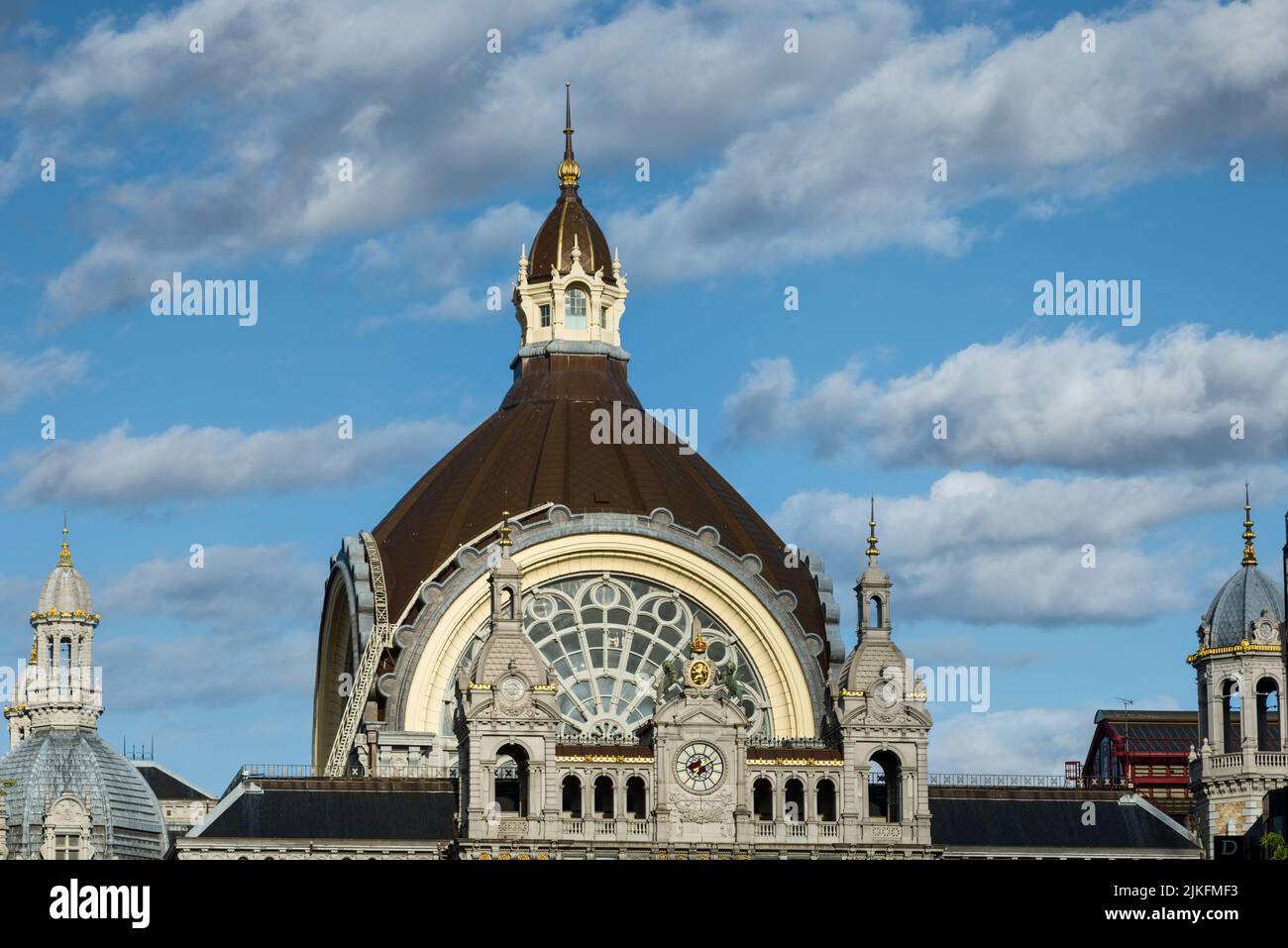 The stone terminus building, of Antwerp Central Railway Station with an ...